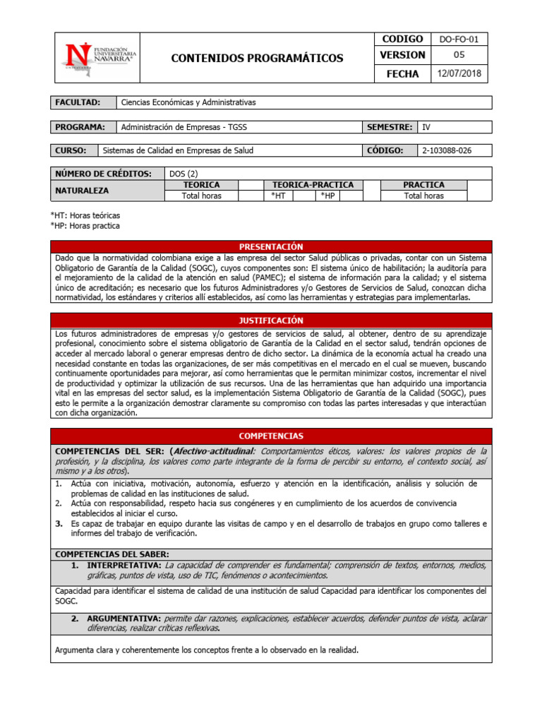 DO-FO-01 Contenidos Programáticos - V5 - SistemasCalidadenEmpresasDeSalud | PDF | Aprendizaje ...