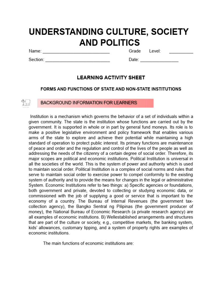 Function of Non State State Institution | PDF | Institution | Banks