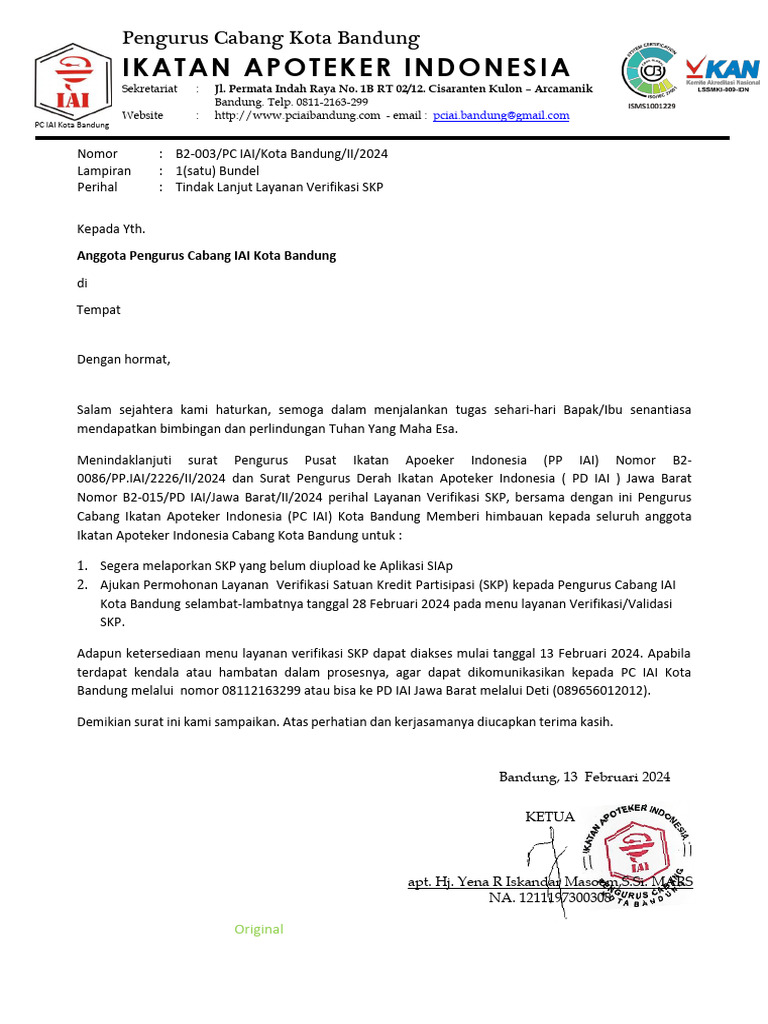 Tindak Lanjut Verifikasi SKP IAI Bandung | PDF