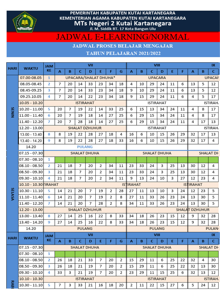 Jadwal E-Learning MTs Negeri 2 2021/2022 | PDF