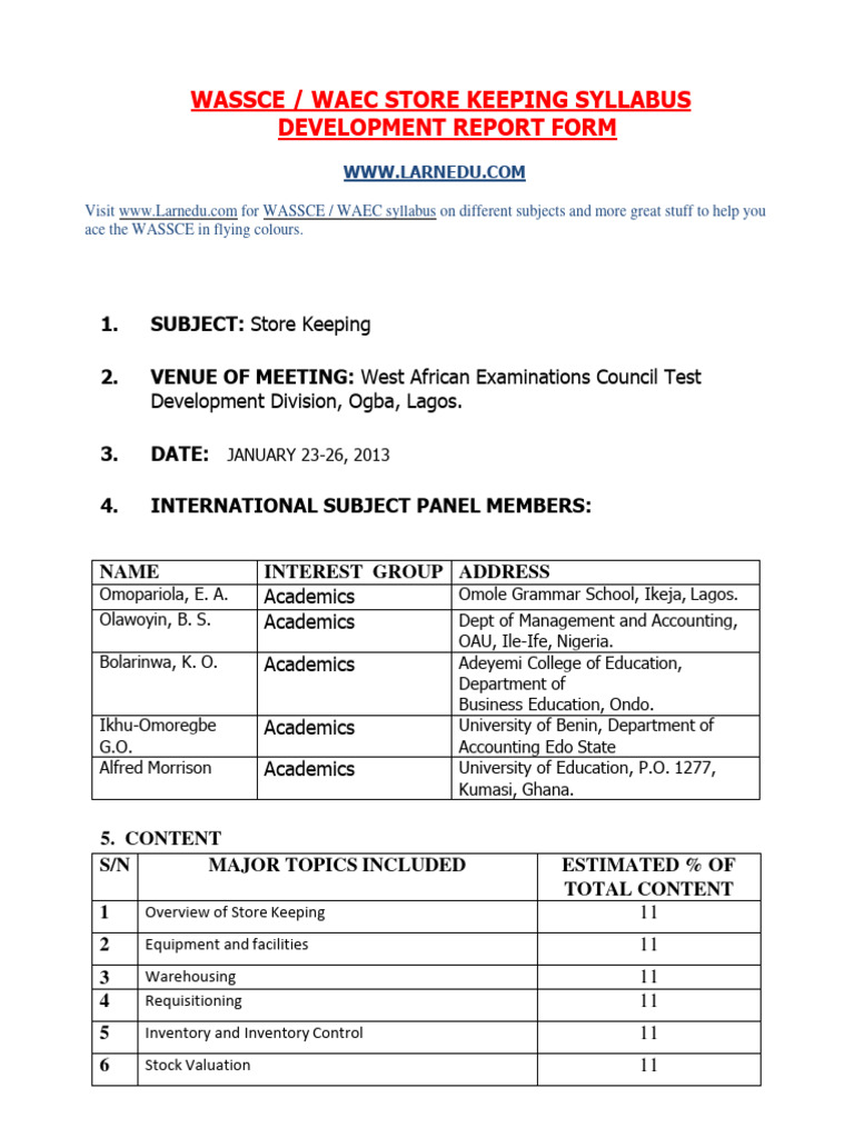 WASSCE WAEC Store Keeping Syllabus Development Report Form | PDF ...
