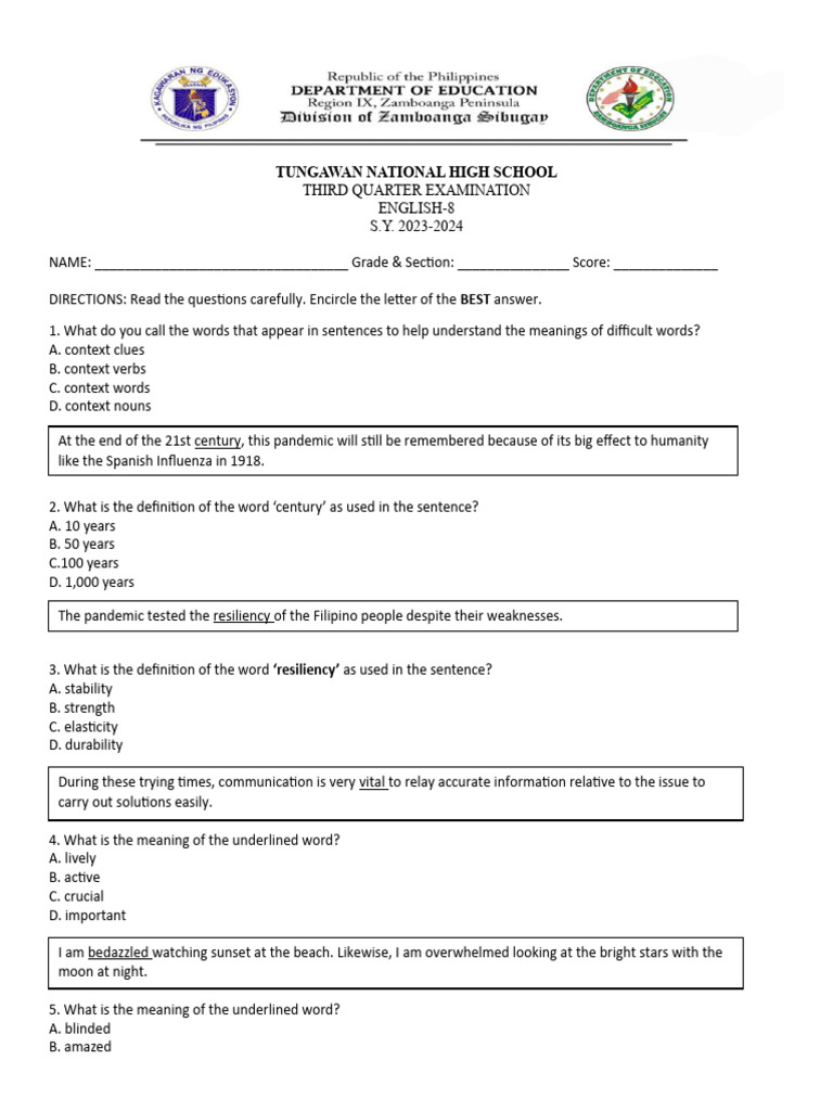 English-8 Third Quarter Exam 2023 | PDF | Verb | Citation