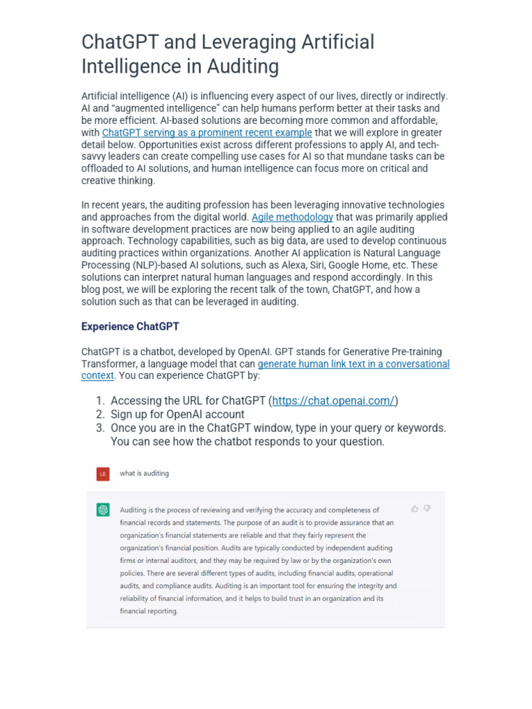 ChatGPT and Leveraging AI in Auditing | PDF | Artificial Intelligence ...