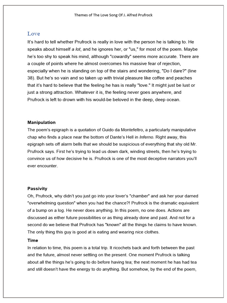 Themes of The Love Song of J.Alfred Prufrock | PDF | Art | General Fiction