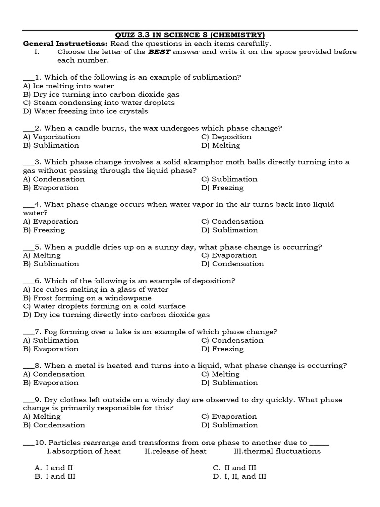 Chemistry Phase Change Quiz 8th Grade | PDF | Ice | Water