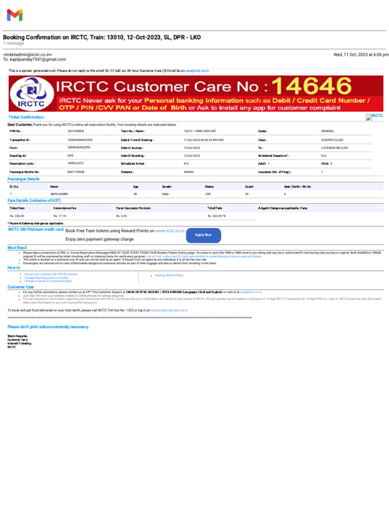 IRCTC Train Booking Confirmation 13010 | PDF | Service Industries