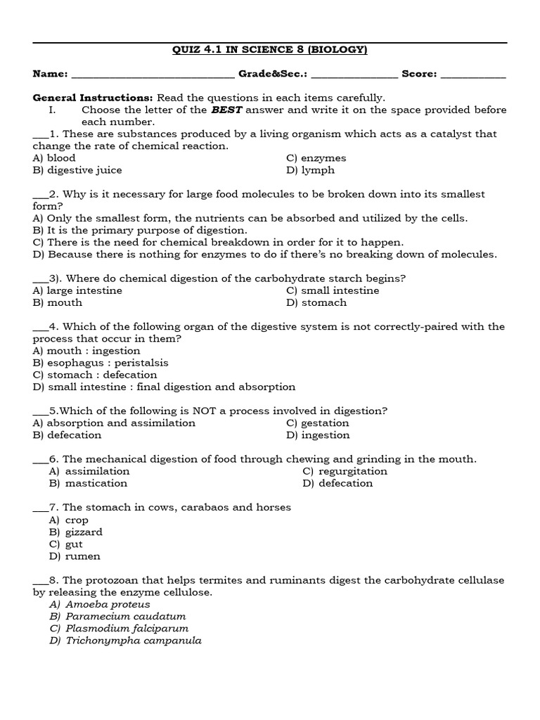 Quiz 4.1 in Science 8 (Biology) Digestive System | PDF | Digestion ...