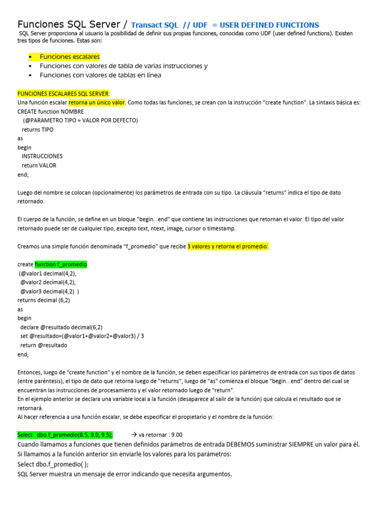 Info de Funciones Udf MS SQL Server Al 12 - Abril - 2024 | PDF | SQL | Datos