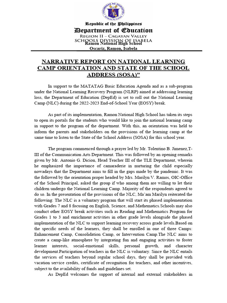 Narrative Report On National Learning Camp Orientation | PDF | Learning | Behavior Modification