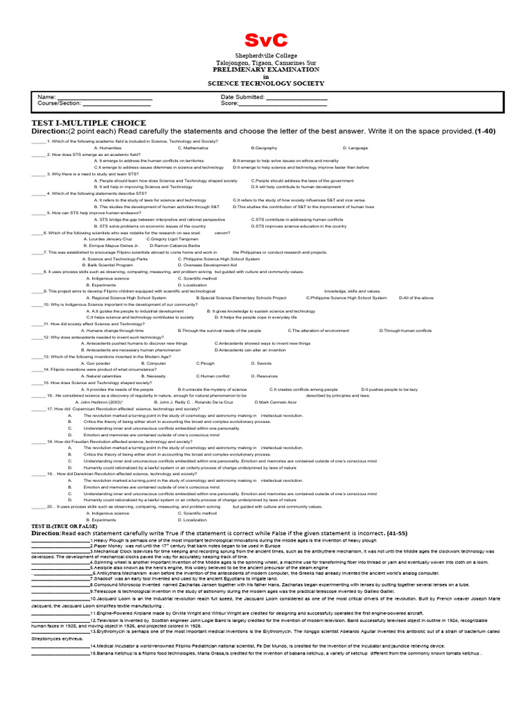Prelims Examination in STS | PDF | Science | Loom