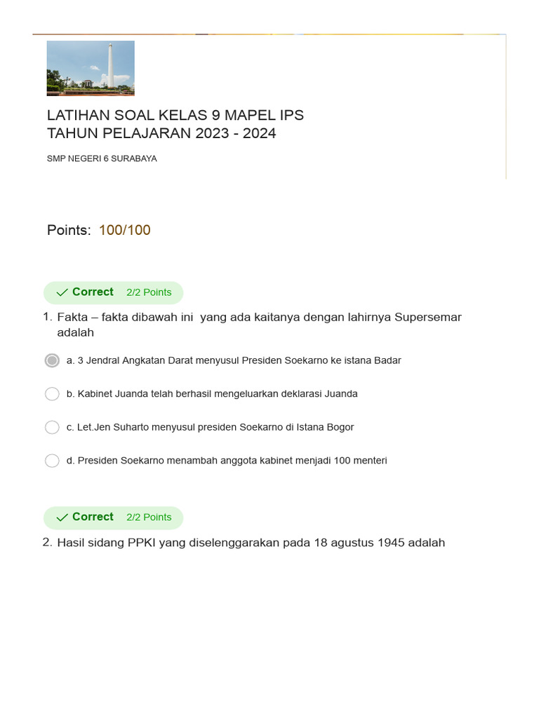 Latihan Soal Kelas 9 Mapel Ips Tahun Pelajaran 2023 - 2024 | PDF