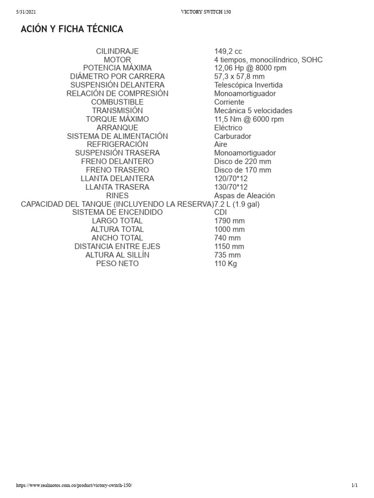 Ficha Tecnica Victory Switch 150 | PDF