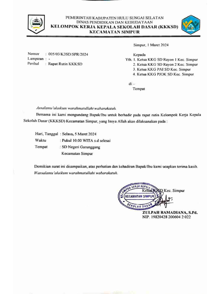 Undangan Rapat K3S BLN Maret Untuk Ketua KKG | PDF