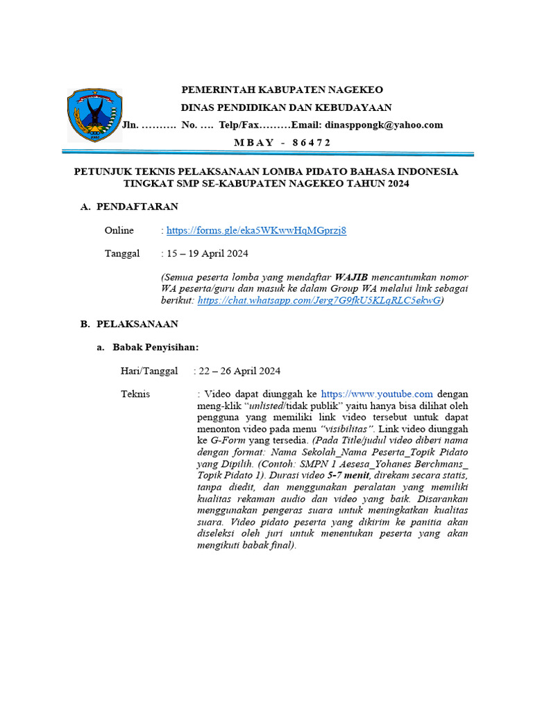 Juknis Pelaksanaan Lomba Pidato Bah. Indonesia 2024 | PDF