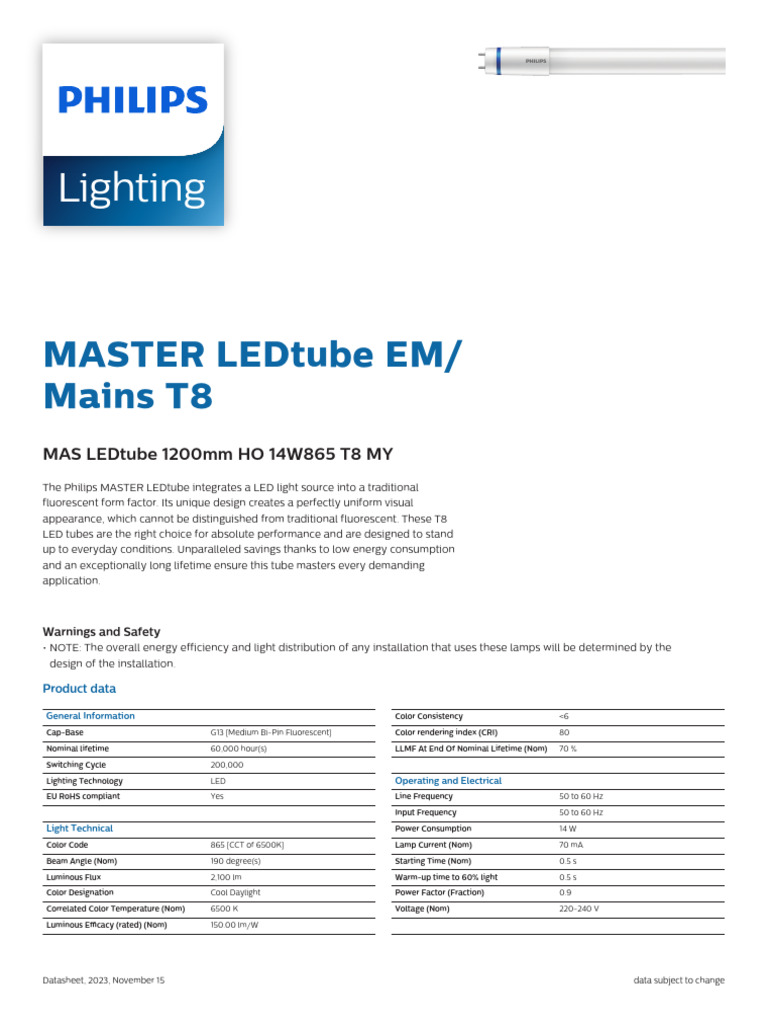 Philips MAS LEDtube 1200mm 14W865 T8 | PDF | Equipment ...