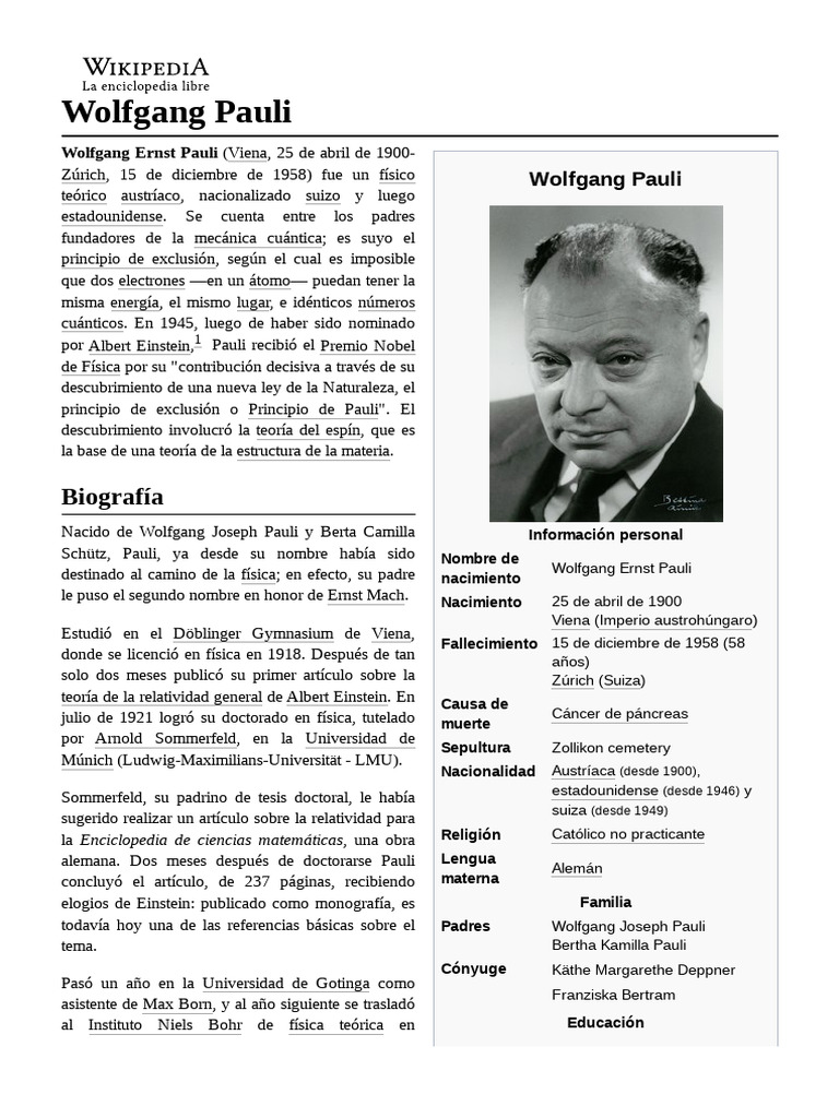 Biografía de Wolfgang Pauli | PDF | Ciencias fisicas | Mecánica cuántica