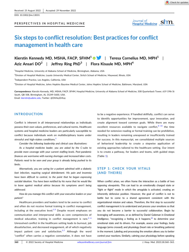 Journal of Hospital Medicine - 2022 - Kennedy - Six Steps To Conflict Resolution Best Practices ...