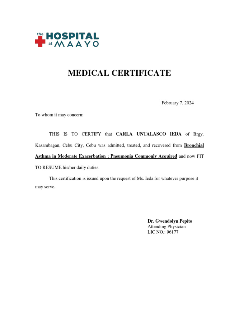 Medical Certificate for Carla Ieda | PDF | Self-Improvement | Wellness