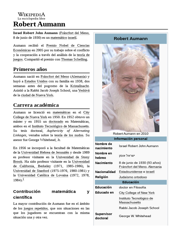 Robert Aumann: Nobel y Teoría de Juegos | PDF