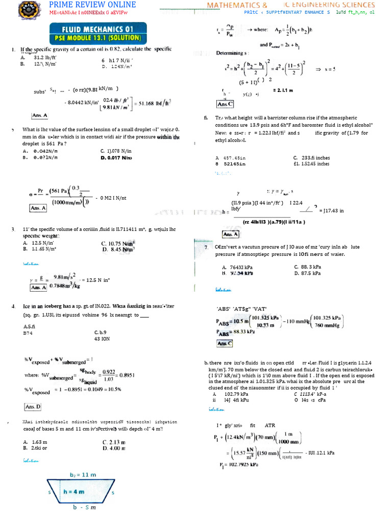 Fluid Mechanics Pressure Calculations | PDF | Physical Quantities | Applied And ...