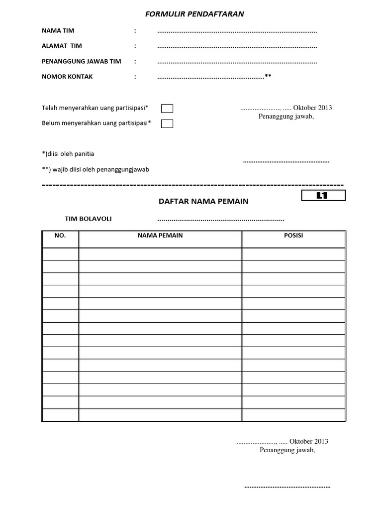 FORMULIR PENDAFTARAN Voli | PDF