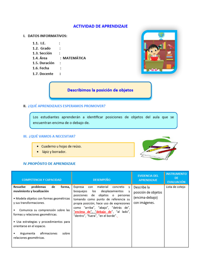 D2 A1 SESION Describimos La Posición de Objetos | PDF | Evaluación ...