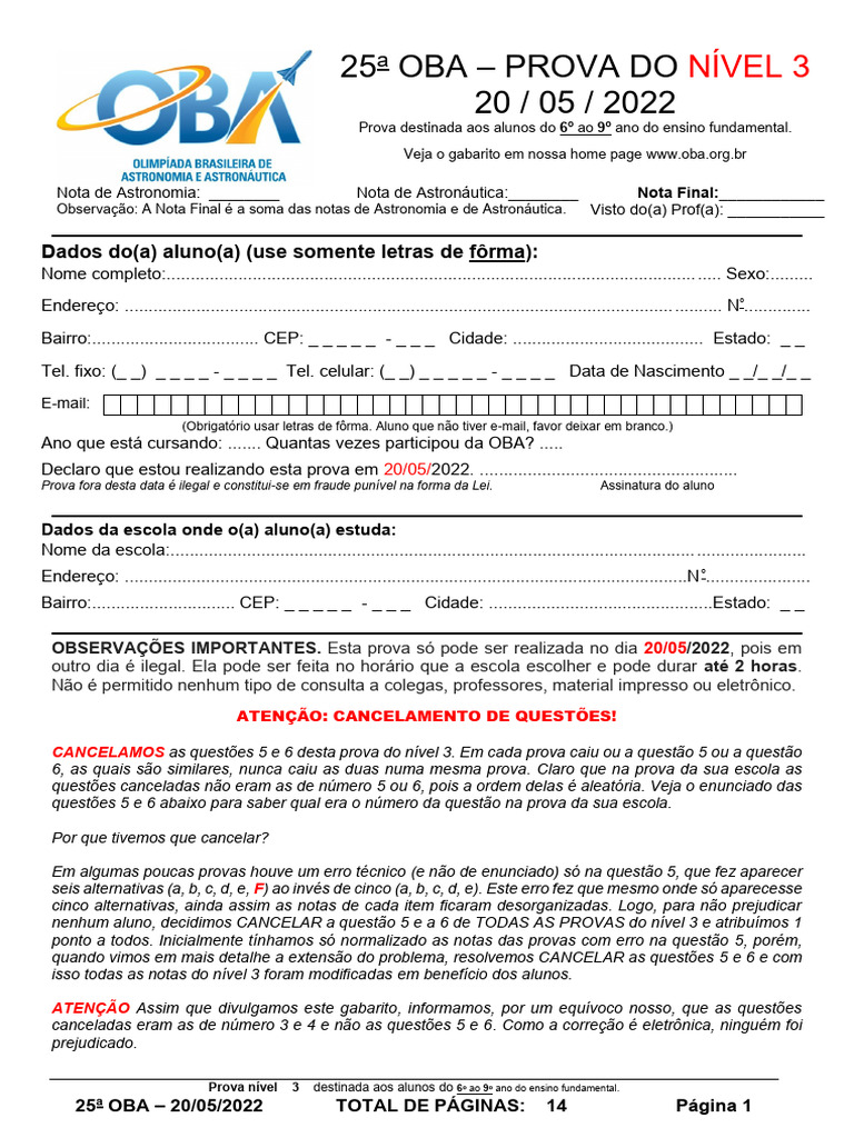 Prova Nível 3 Da 25 OBA de 2022 | PDF | Órbita | Estrelas