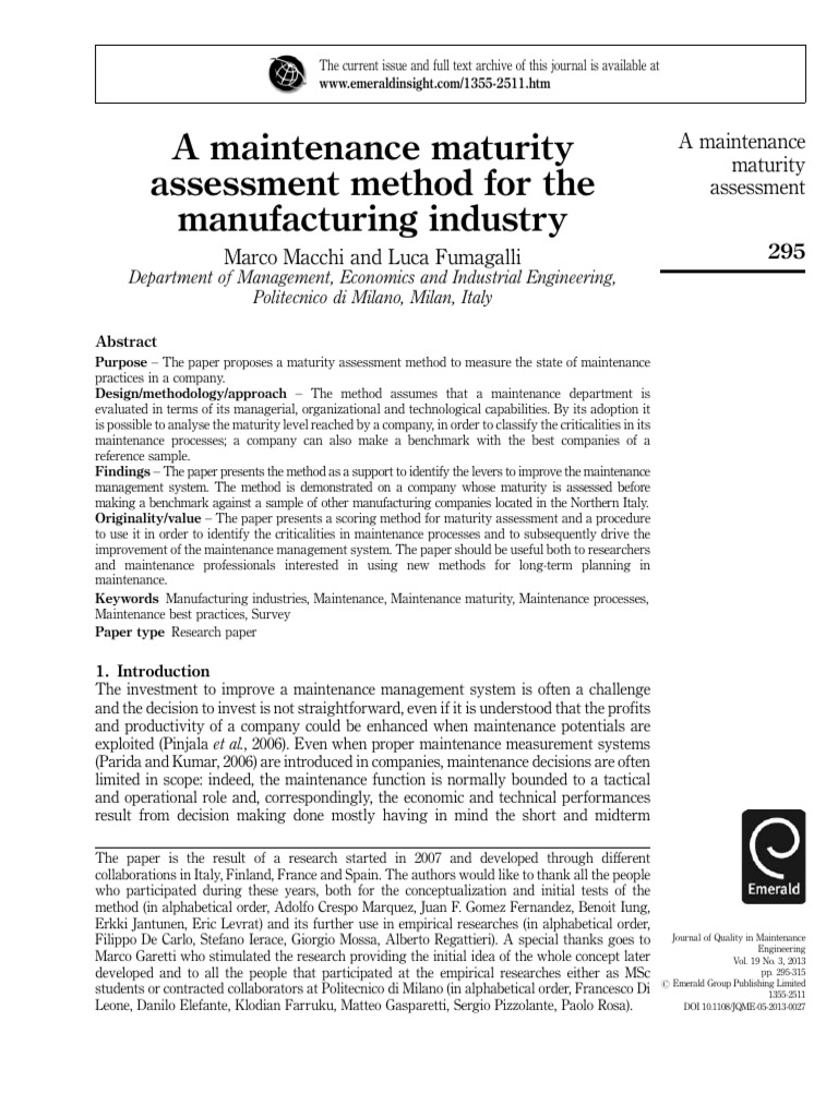 A Maintenance Maturity Assessment Method For The Manufacturing Industry ...