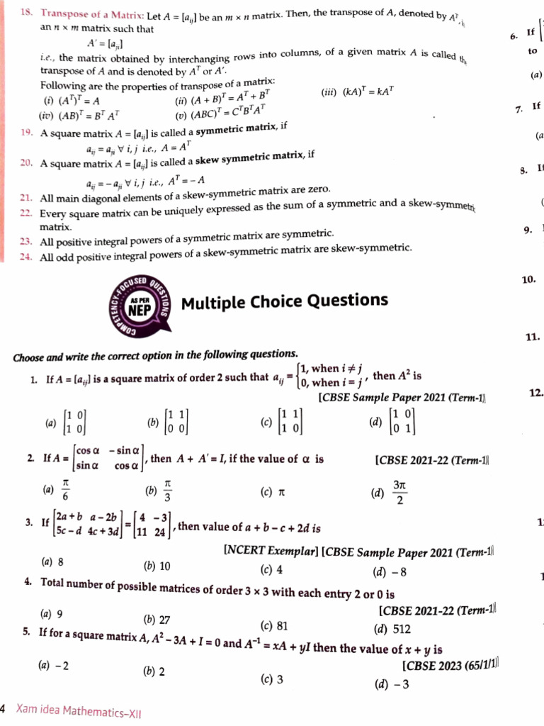 MCQ of Matrices | PDF | Matrix (Mathematics) | Algebra