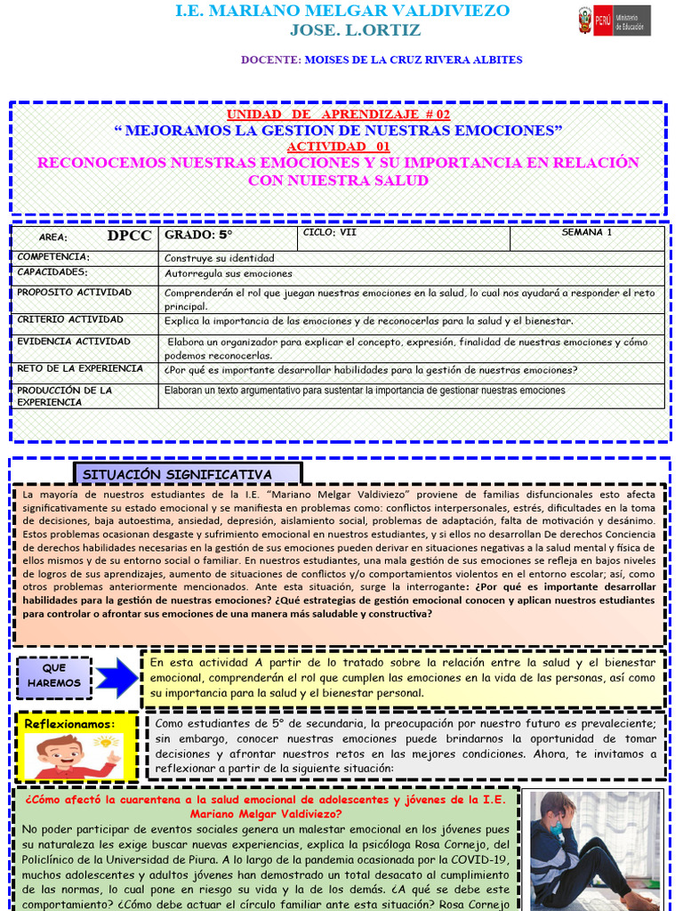 DPCC 5° UNIDAD - 2 Sesion 1 - 2024 | PDF | Las emociones | Conceptos psicologicos