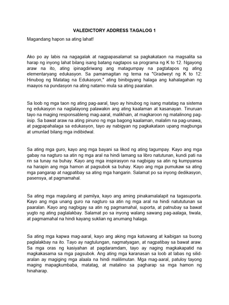 Valedictory Address Tagalog | PDF Valedictory Address Tagalog | PDF