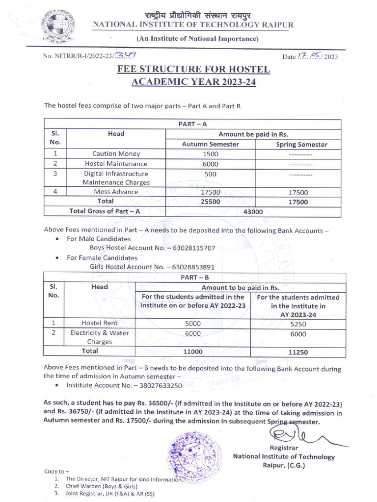 AY 2023-24 Fee Structure For Hostel | PDF