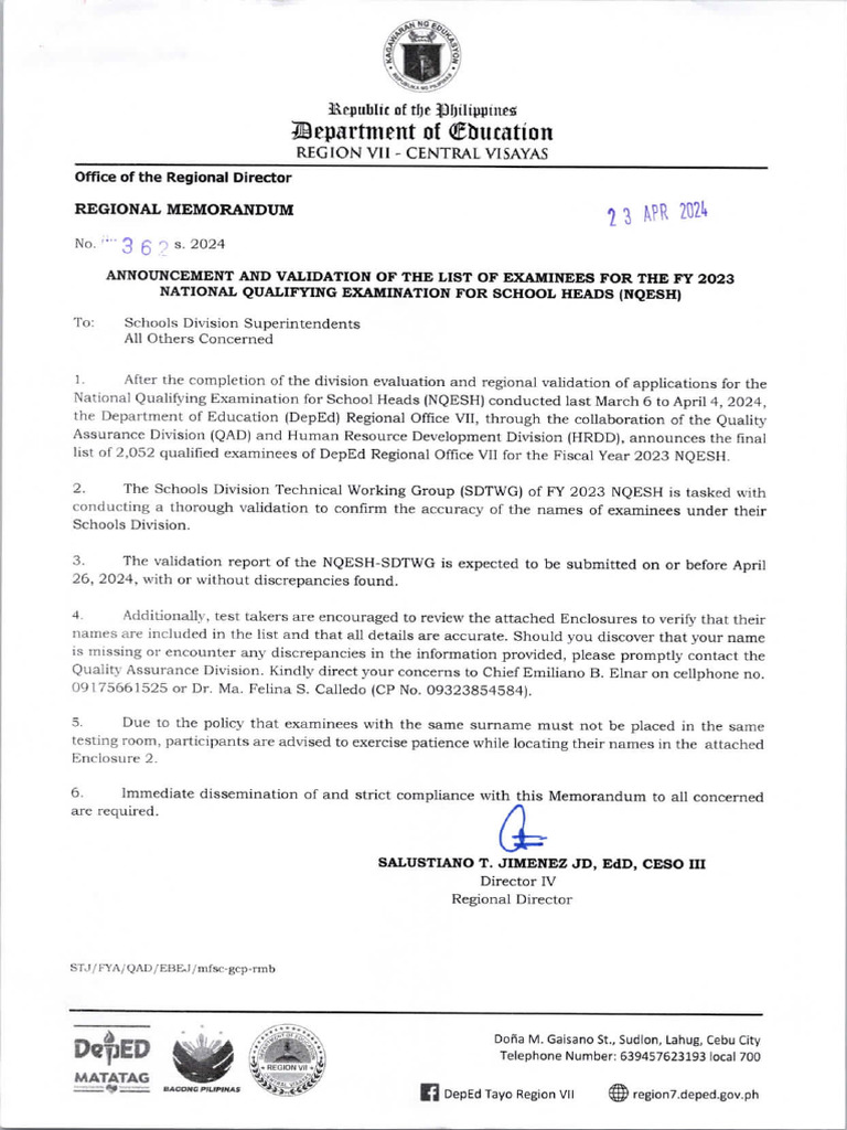 RM 362 S 2024announcement and Validation of The List of Examinees For ...