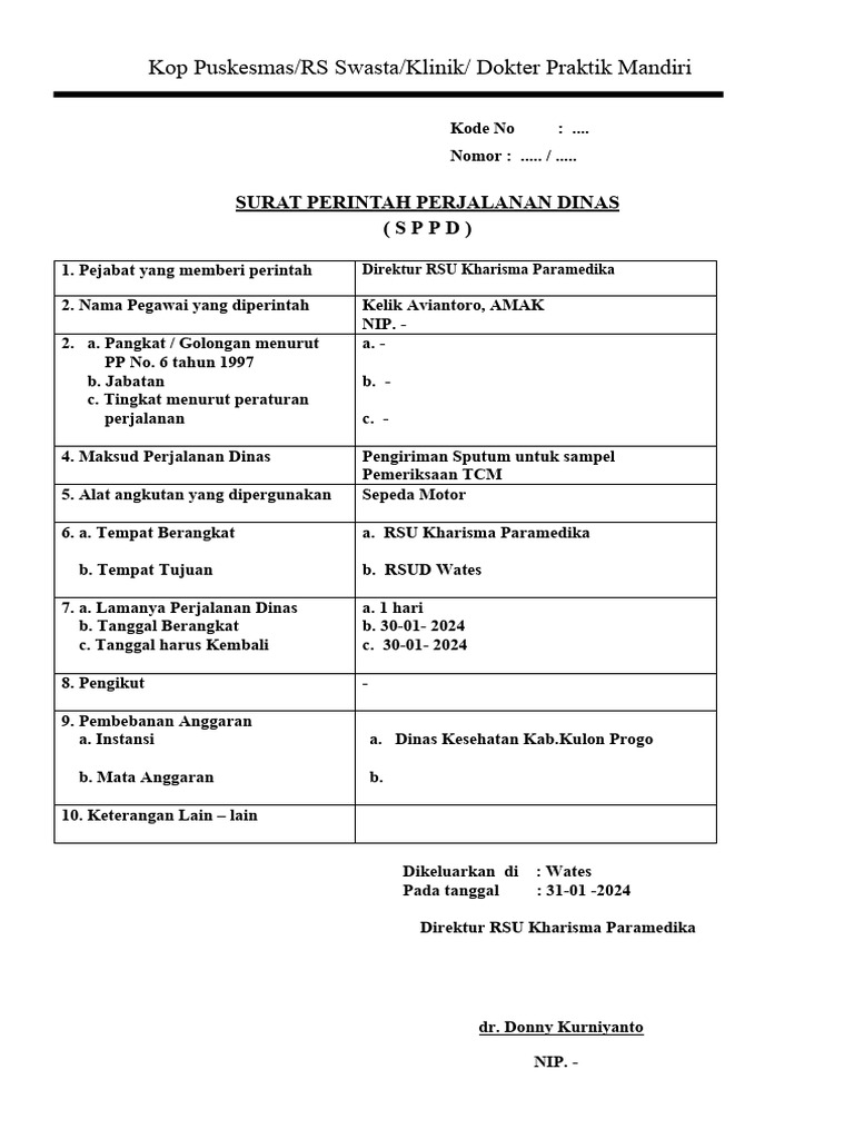 Format SPPD SPJ Pengiriman Sample TCM 2024 | PDF