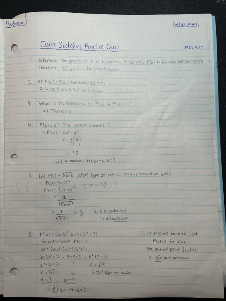 Curve Sketching Unit Practice Quiz Calc | PDF