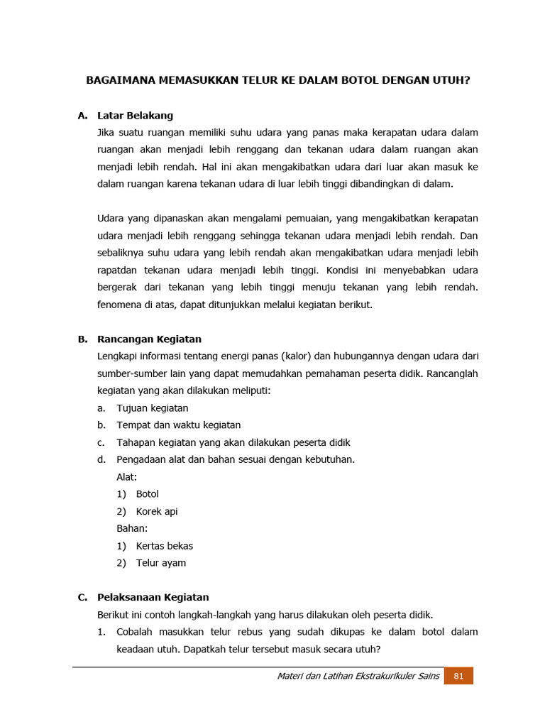 Memasukkan Telur ke Botol: Eksperimen Sains | PDF