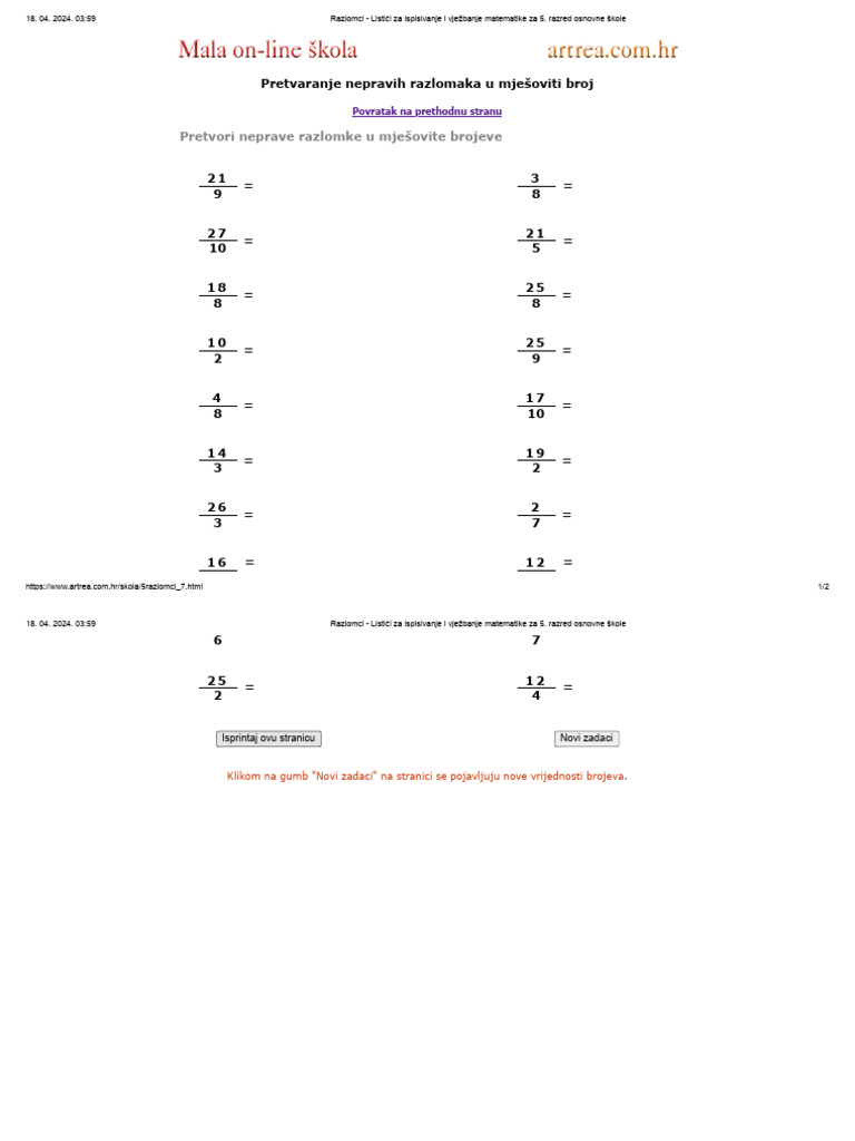 Listići Za Test I Vježbanje Matematike Za 5. Razred Osnovne Škole | PDF