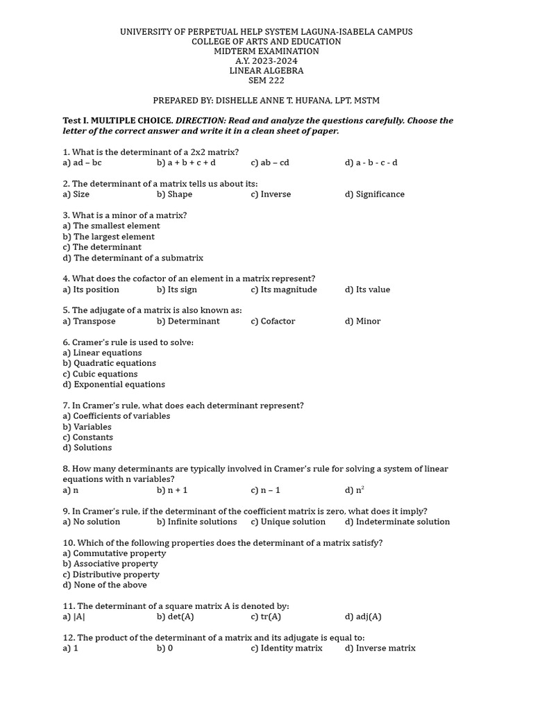 Linear Algebra Midterm Exam | PDF | Matrix (Mathematics) | Determinant