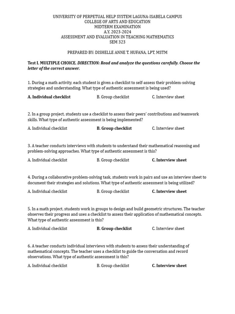 Midterm Exam: Math Assessment Strategies | PDF | Rubric (Academic ...