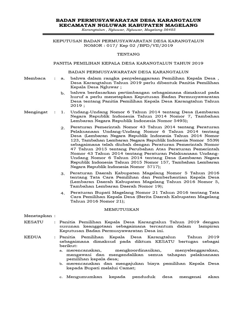 SK BPD Tentang Pembentukan Panitia Pilkades Karangtalun | PDF