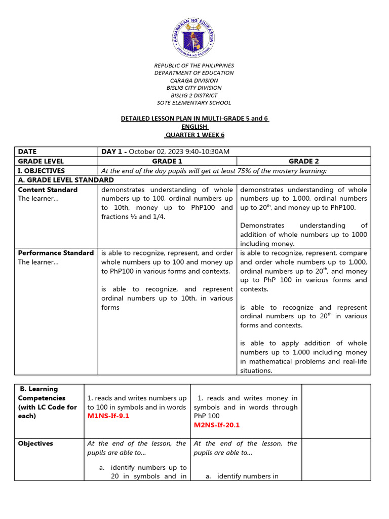 Multi-Grade Lesson Plan: English 5 & 6 | PDF | Learning | Curriculum