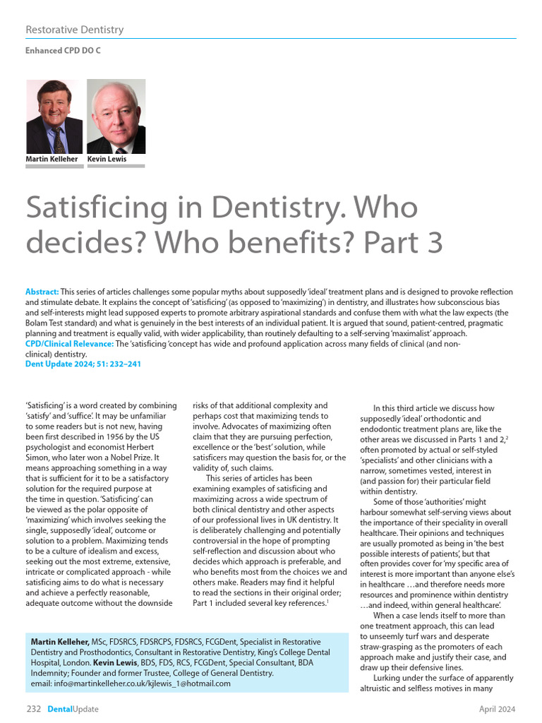 Satisficing in Dentistry Debate | PDF | Orthodontics | Medical Specialties