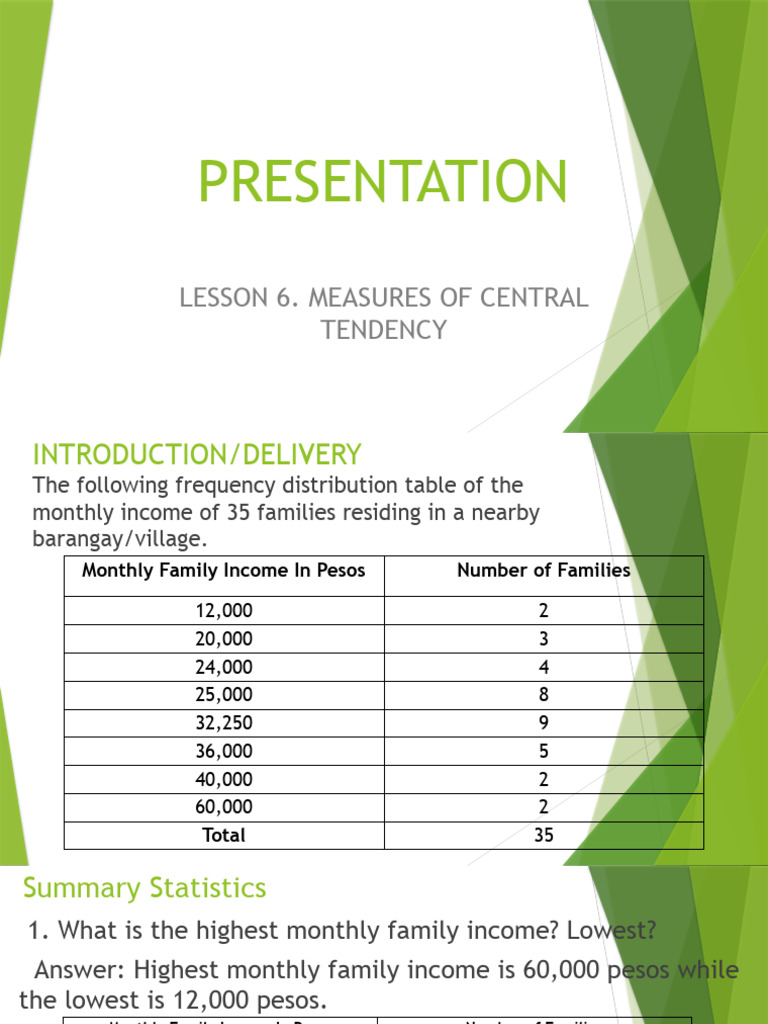 Lesson 6 Measures of Central Tendency | PDF | Arithmetic Mean | Summation