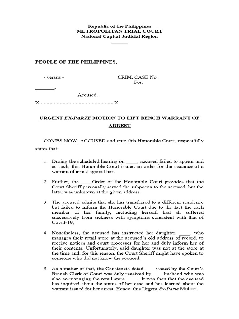 Motion to Lift Arrest Warrant in Court | PDF | Arrest Warrant | Courts