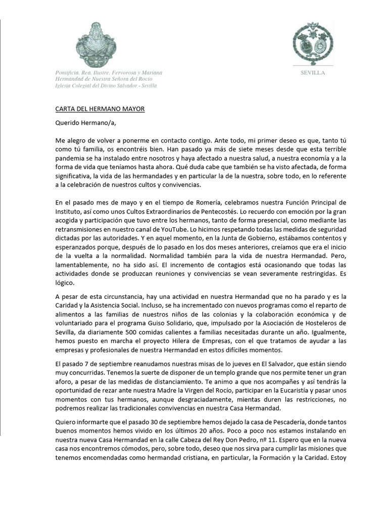 Carta del Hermano Mayor: Actualidad y Fe | PDF | Sevilla | María, madre ...