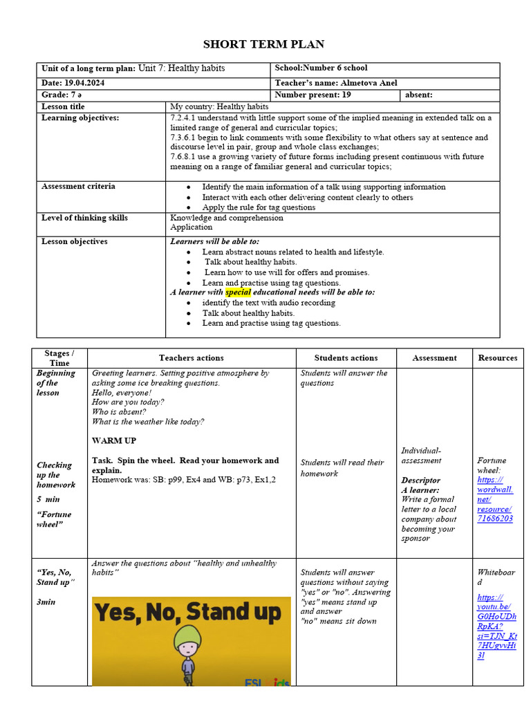 Lesson Plan 7.healthy Habits | PDF | Learning | Reading Comprehension