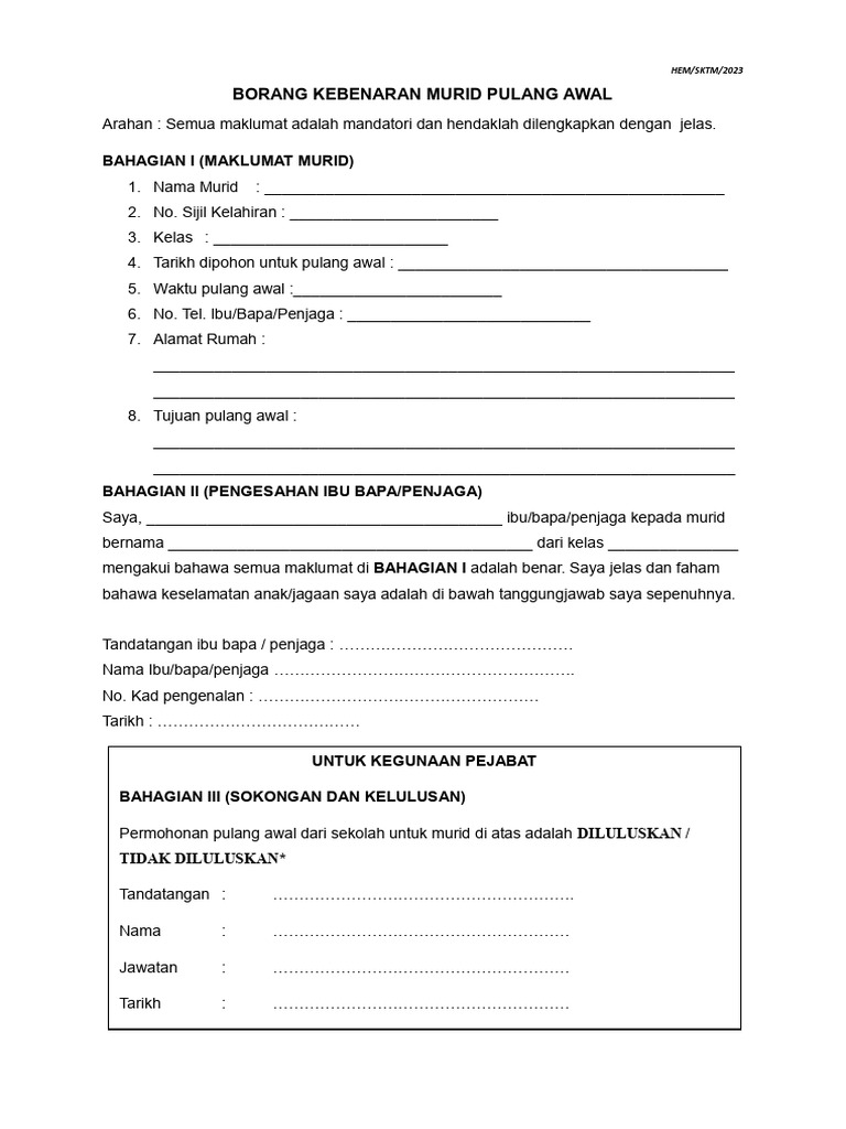 Borang Kebenaran Murid Pulang Awal | PDF