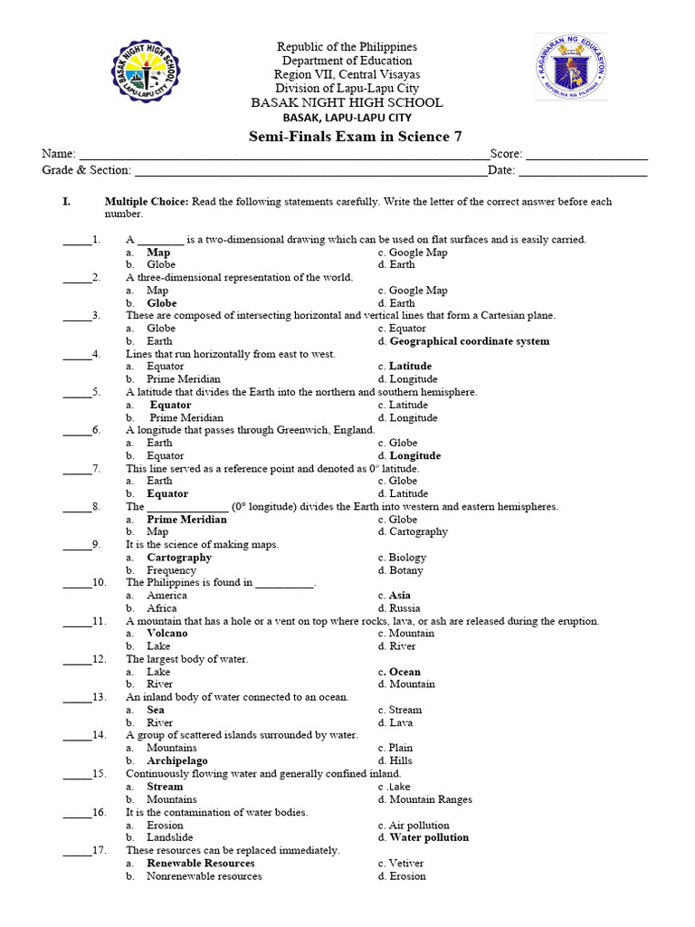 Grade 7 Science Exam Answer Key | PDF | Atmosphere Of Earth | Atmosphere