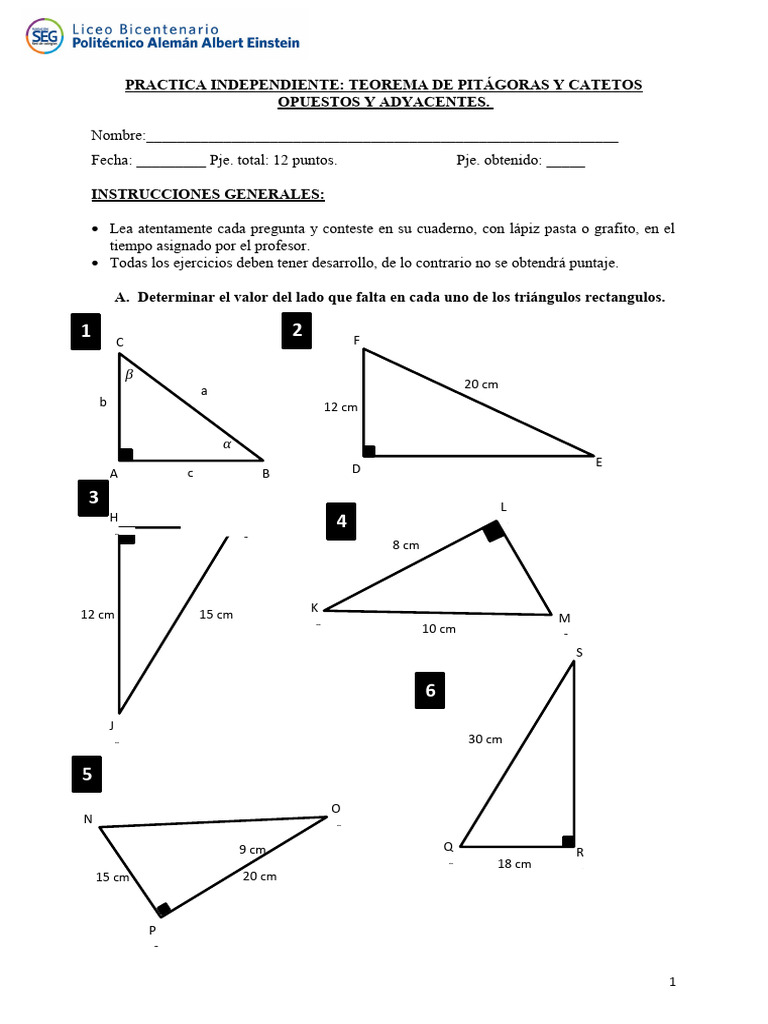 Practica Independiente - Teorema de Pitágoras y Catetos - II Medio | Descargar gratis PDF ...