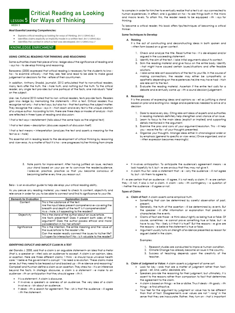 LESSON 5. Critical Reading As Looking For Ways of Thinking | PDF ...